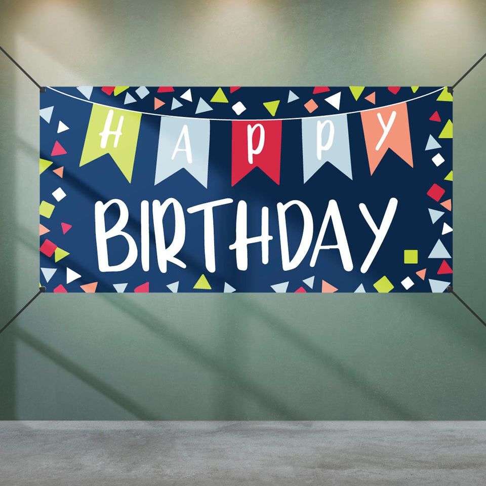 Blue Geometric Shapes Happy Birthday Banner - DecalFreakz